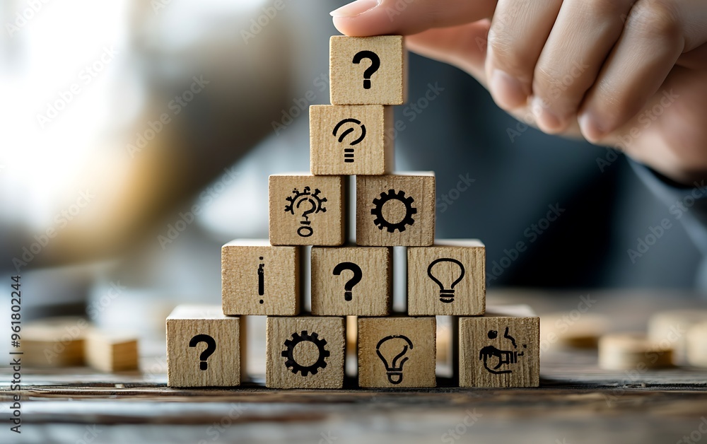Strategic Thinking Concept: Hand Stacking Wooden Cubes with Symbols ...