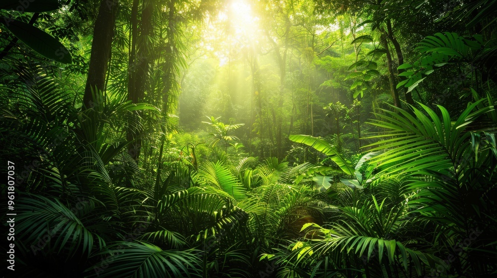A vibrant image of a thriving forest ecosystem with diverse flora and ...