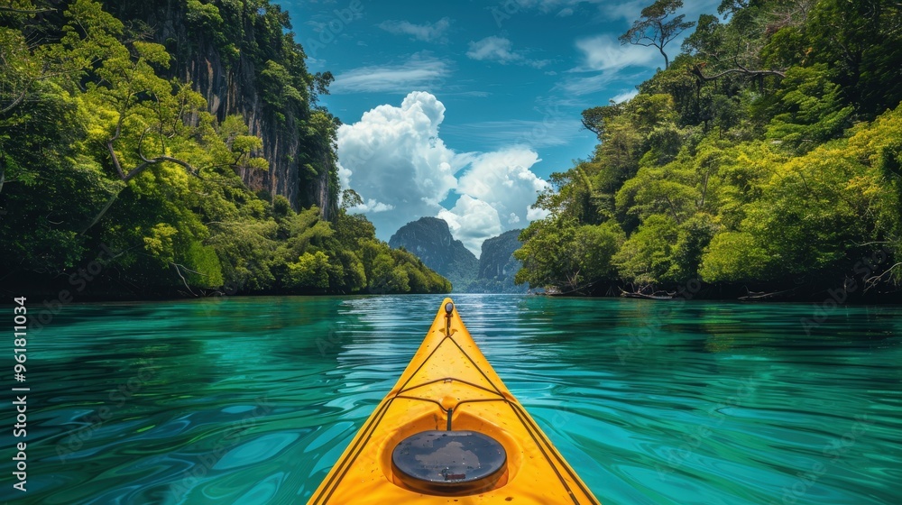 A vibrant image of eco-friendly travel activities, such as kayaking in ...
