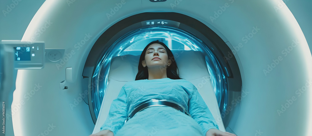 Advanced medical check-up procedure with a female patient inside an MRI ...
