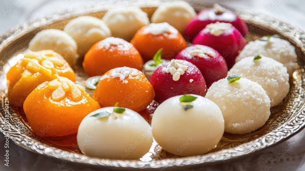 Indian sweets such as gulab jamun, jalebi, and rasgulla displayed on a ...