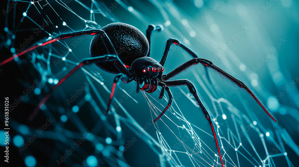 Black widow spider build web on blurry digital technology background ...