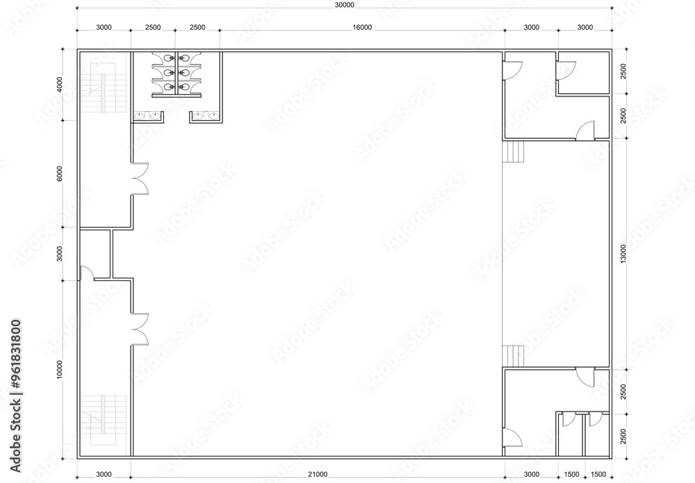 2D top view floor plan of an aula or multipurpose room with notations ...