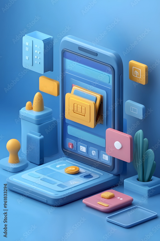 Cartoon 3D animation of a mobile app transaction design, featuring a ...