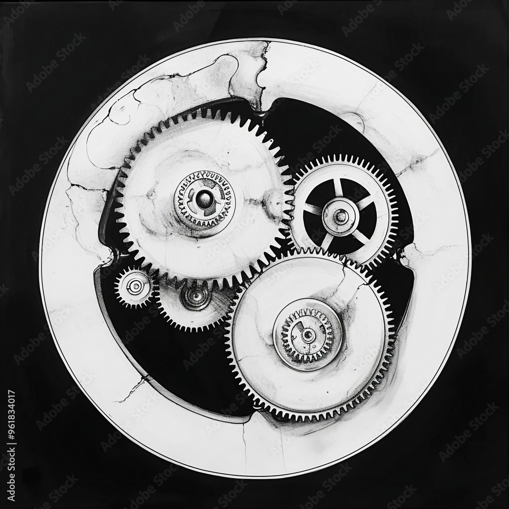 A detailed illustration of a complex gear system. The gears are made of ...