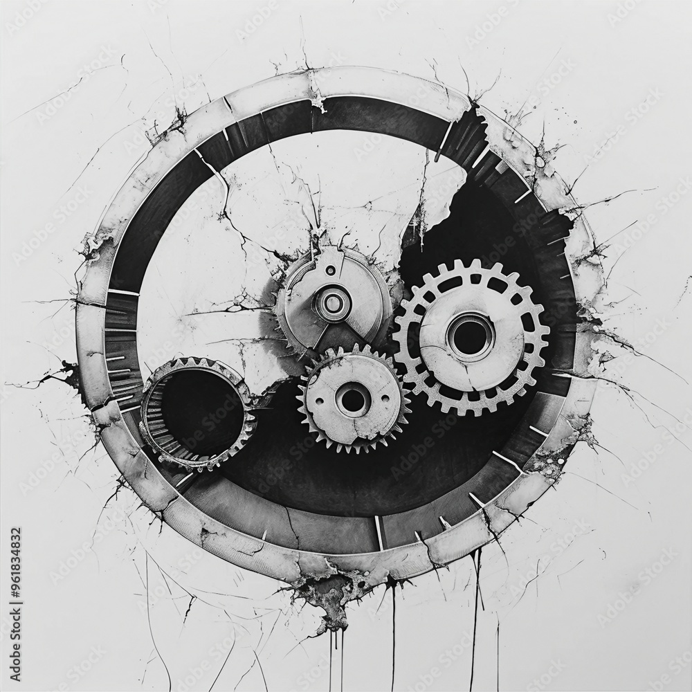 A detailed illustration of a complex gear system. The gears are made of ...