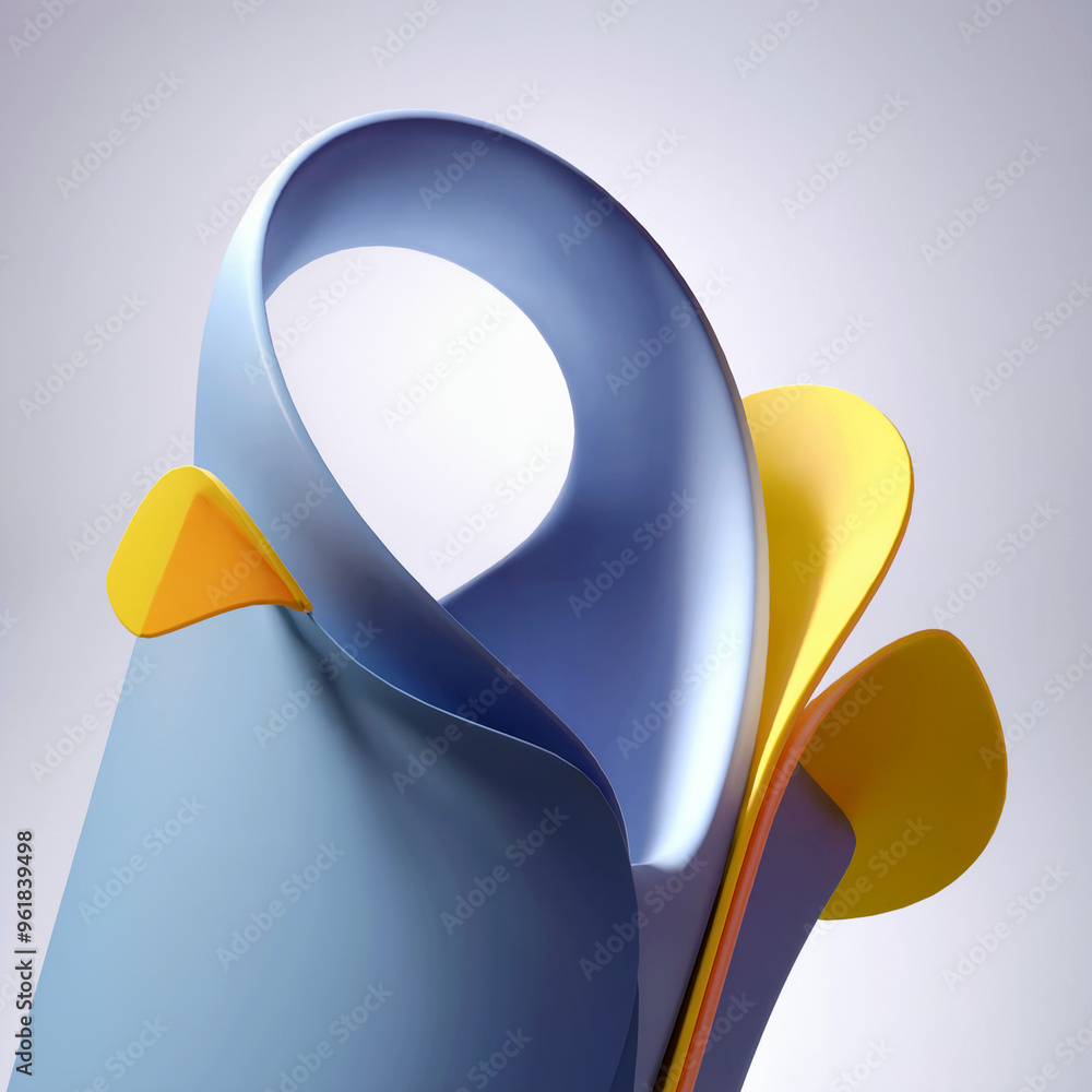 3D render of a modern abstract object. There's a large, curved ...