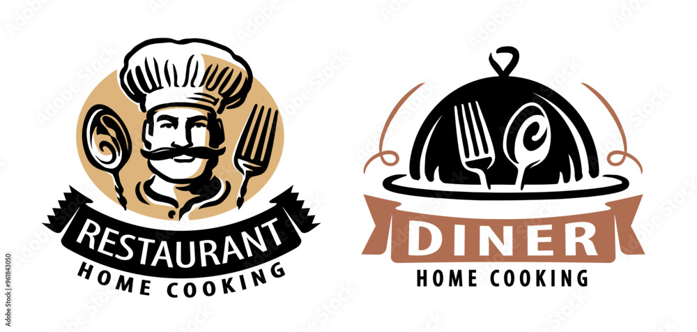 Restaurant emblem. Diner, food service logo. Set of badges and symbols ...