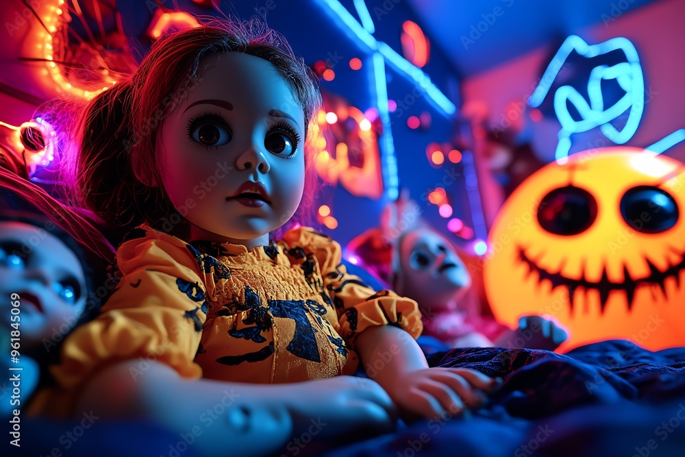 Spooky bedroom, haunted dolls, lifeless eyes sit silently, adding a ...