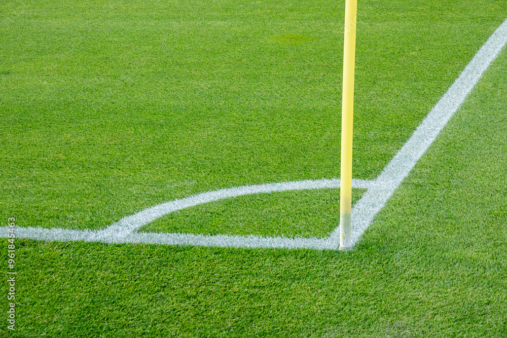 Corner flag in a soccer stadium. Flag on the corner of a football field. Empty football soccer ...