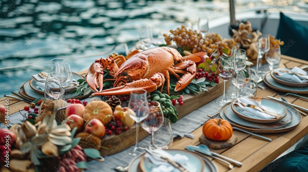 A luxurious seafood dinner setup featuring a whole lobster as the ...
