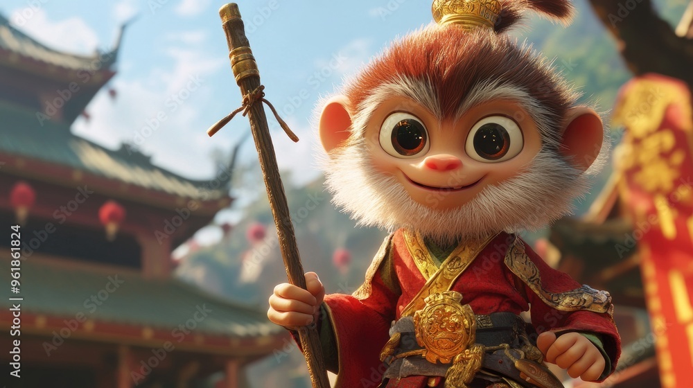 A cartoon version of Wukong with big eyes and a mischievous grin ...