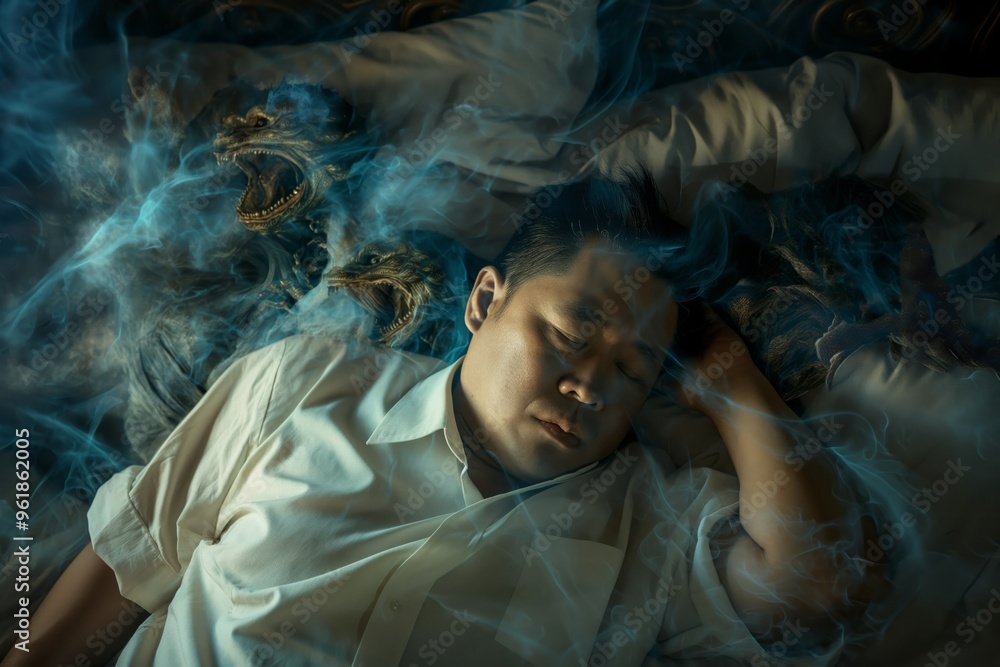 Frightful imagery of sinister night creatures alarming sleeping man ...