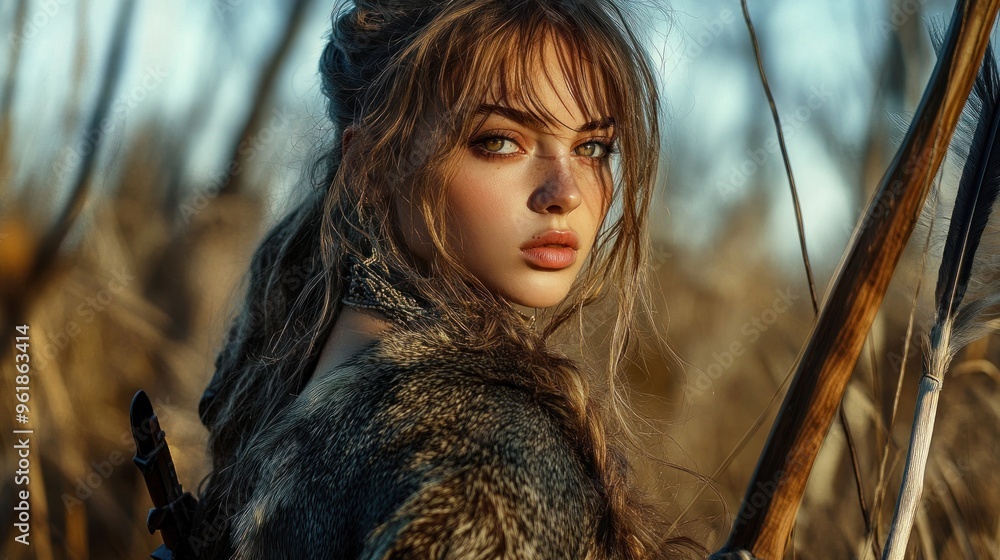 Medieval charm of a beautiful woman hunter in the wild with a bow ...