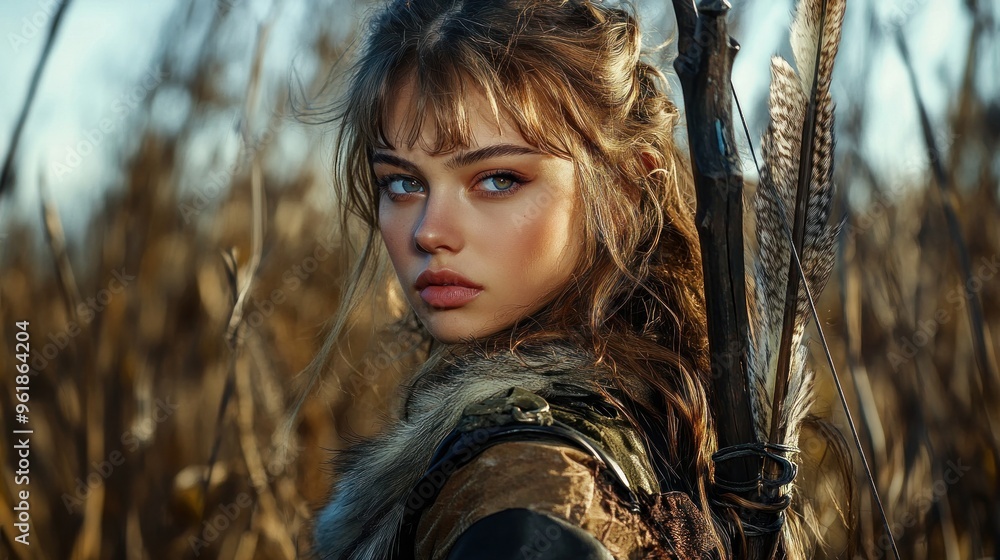 Medieval charm of a beautiful woman hunter in the wild with a bow ...