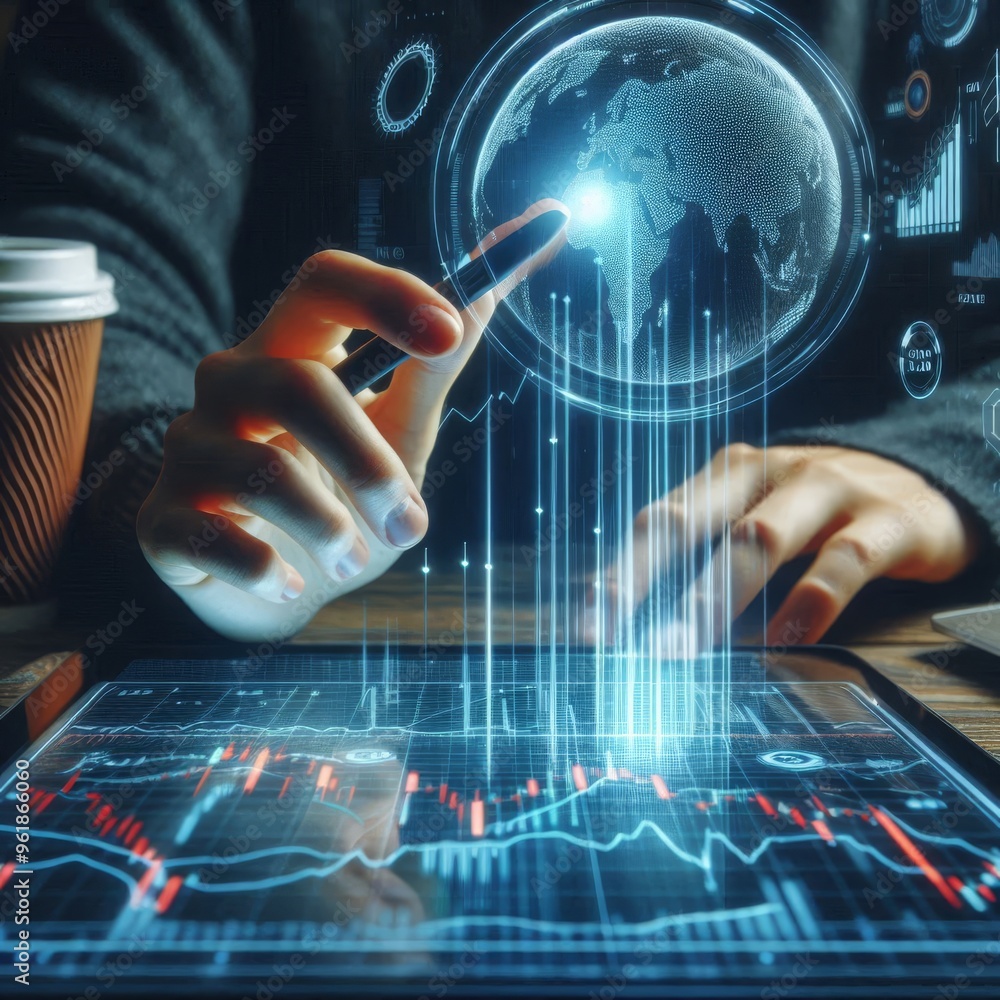 A hand interacts with a holographic digital interface featuring a global data visualization. The ...