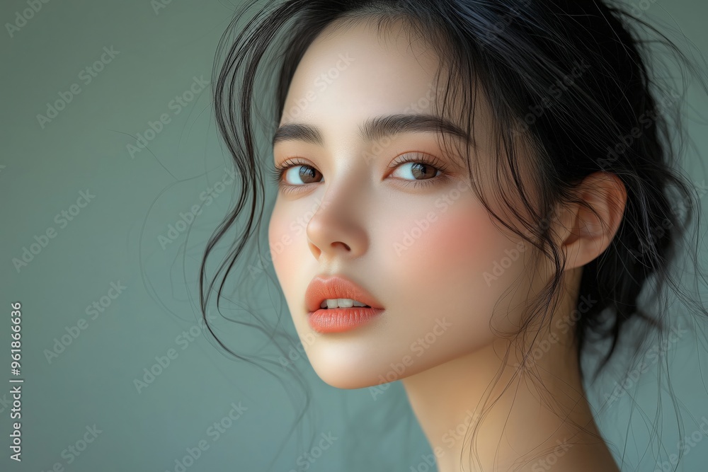 Asian woman applying foundation with a beauty blender, clean and smooth ...