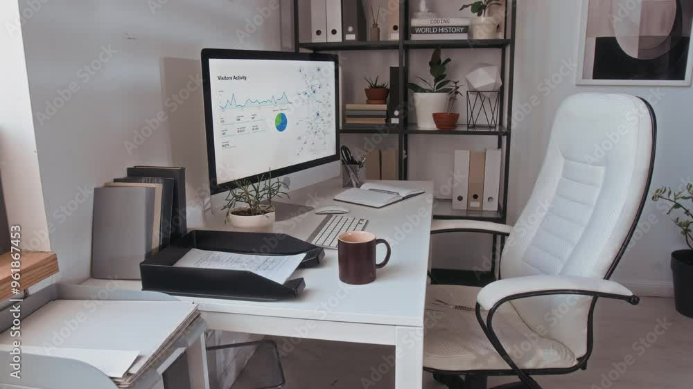 No people shot of cozy workspace with computer monitor with business ...