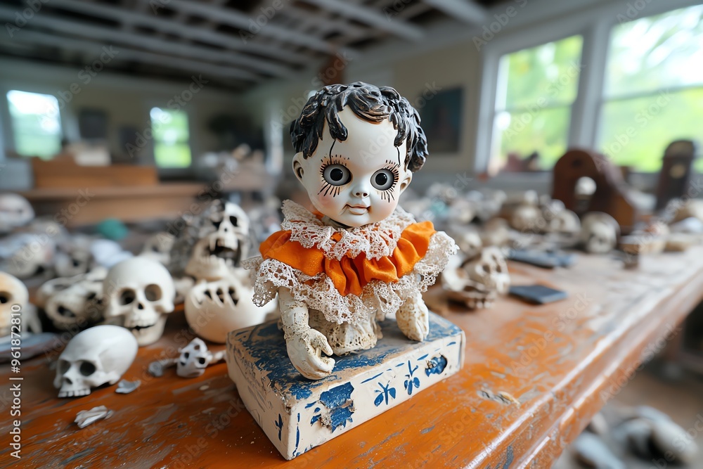 Spooky bedroom, haunted dolls, lifeless eyes sit silently, adding a ...