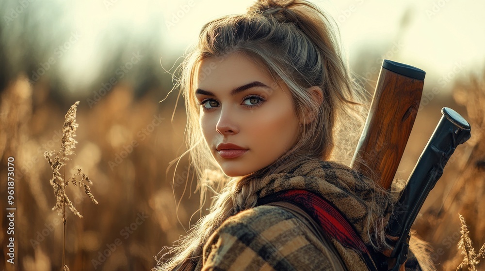 Charm of a beautiful woman hunter in the wild with hunting equipment ...