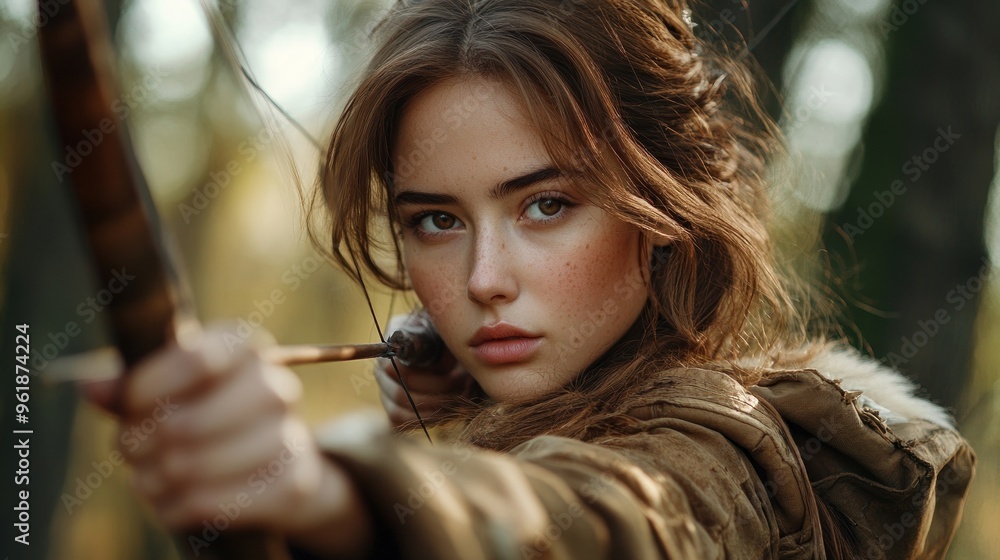 Medieval charm of a beautiful woman hunter in the wild with a bow ...