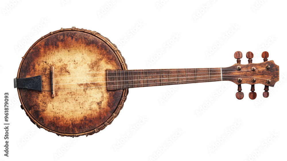 Old, worn banjo isolated on a black background. This vintage instrument ...