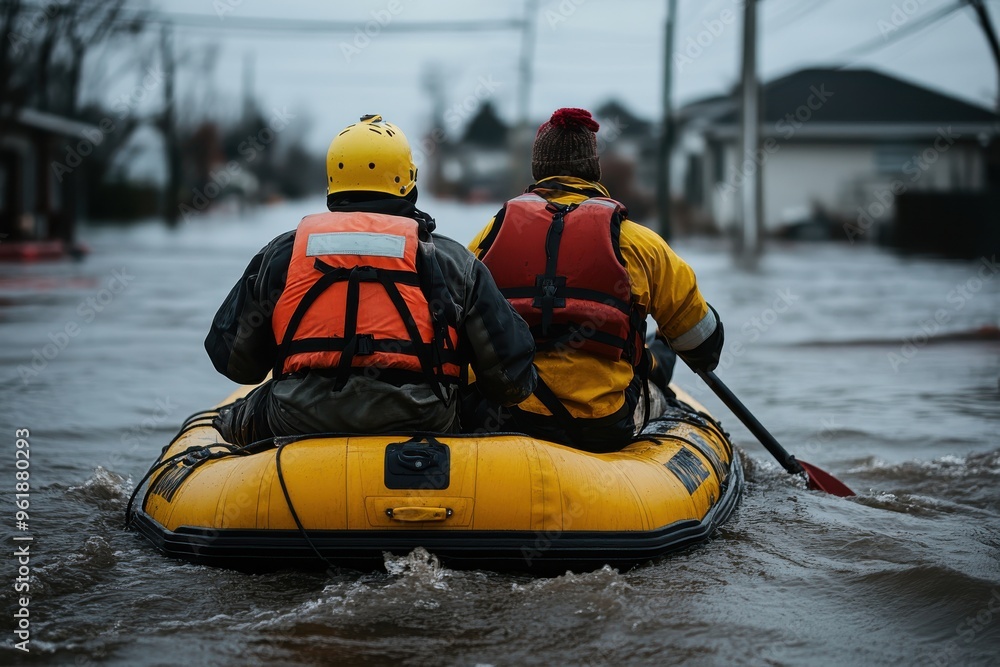 Two rescuers with safety gear on a yellow inflatable boat navigating ...