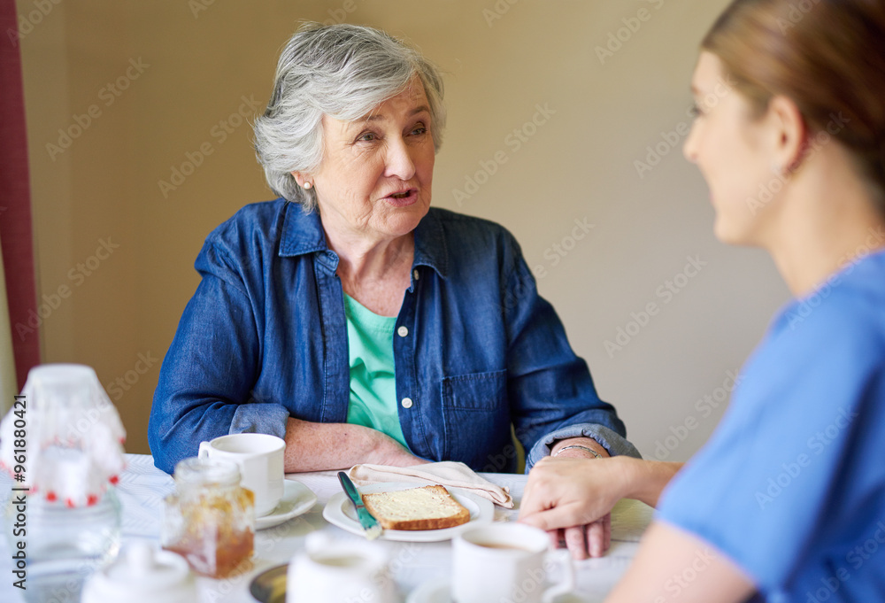 Breakfast, nurse and senior woman in dining room of retirement home for ...