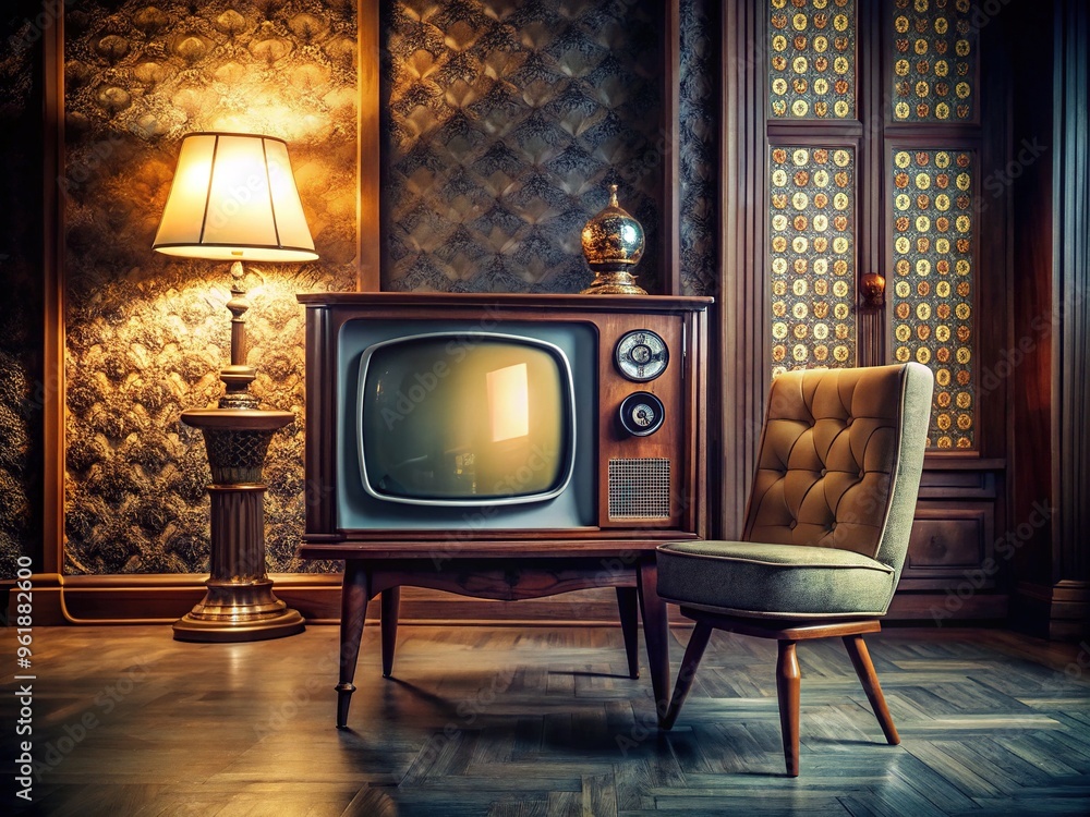 A retro television stands upright on dusty vintage furniture, its ...