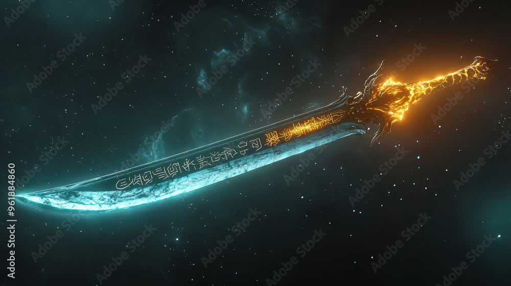 A glowing celestial sword with intricate Chinese symbols, set against ...