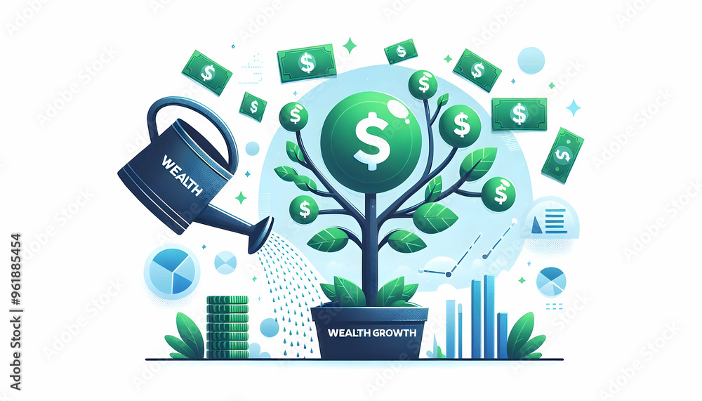 Dynamic Vector Design of a Flat Floating Money Tree & Watering Can with ...