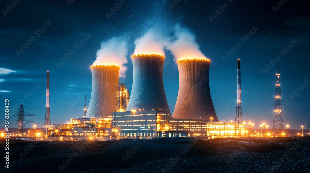 High tech power plant at twilight with neon green accents, showcasing ...