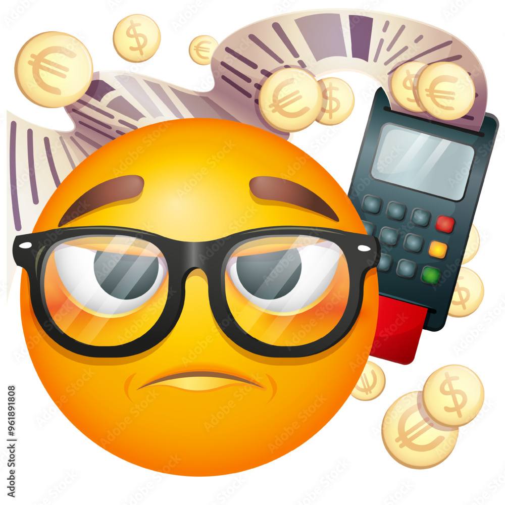 Accountant emoji analyzes finances on white background. Bookkeeper ...