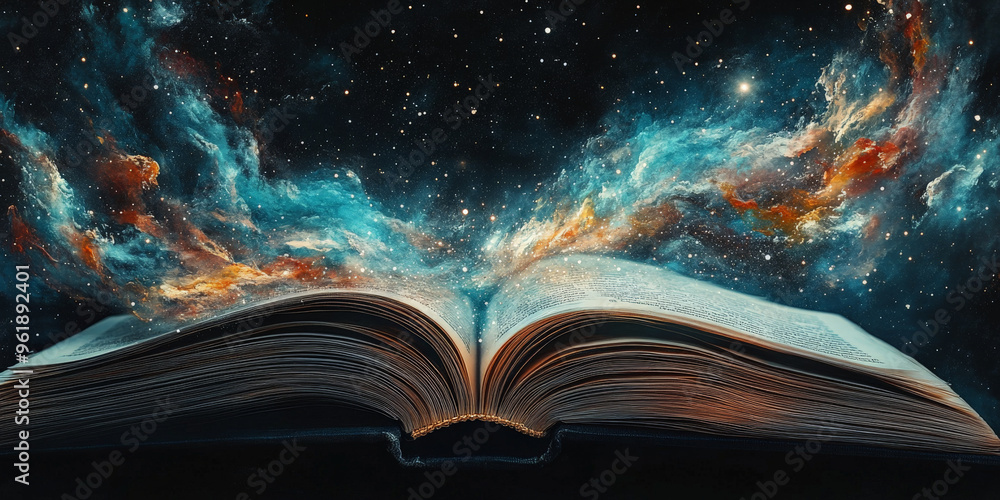 An open book with its pages transforming into a beautiful starry sky ...