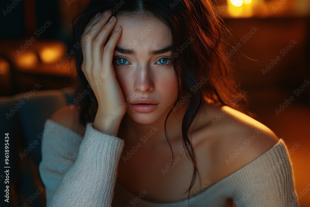 Sad woman with hand on face, depicting emotional distress, suitable for ...