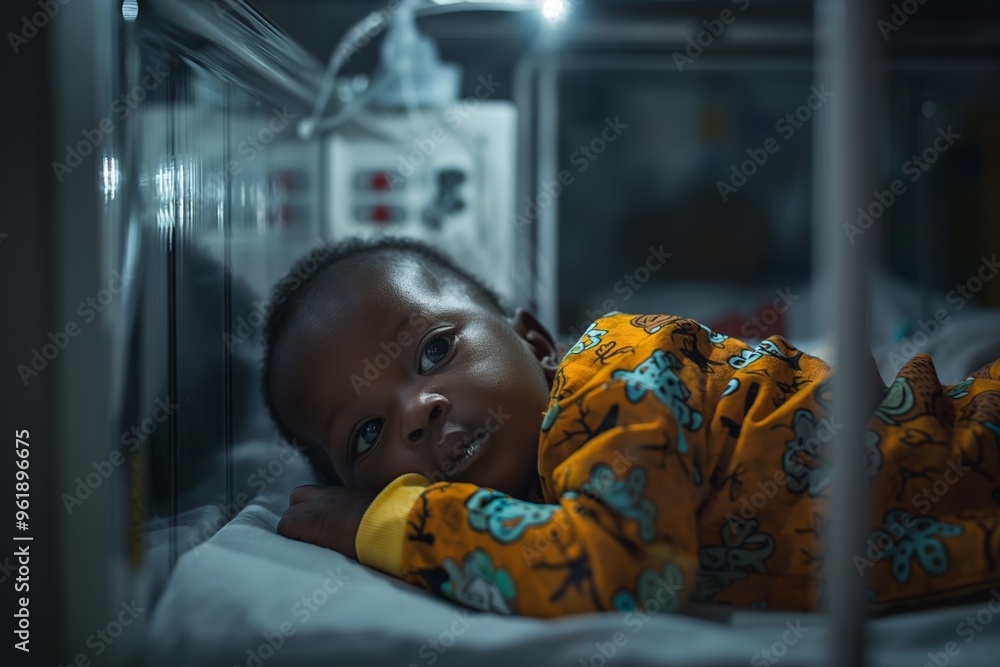 Toddler in a modern hospital crib. A poignant and heartfelt depiction ...