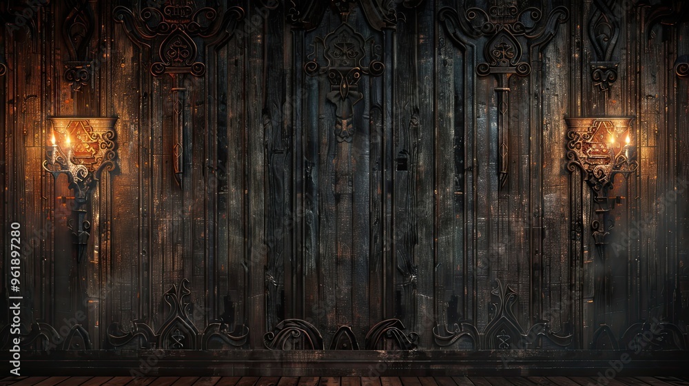 Gothic wooden backdrop with ornate carvings shadowy gradients and ...