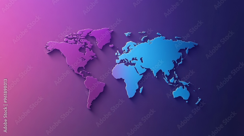 A stylized world map in vibrant blue and purple tones on a gradient ...