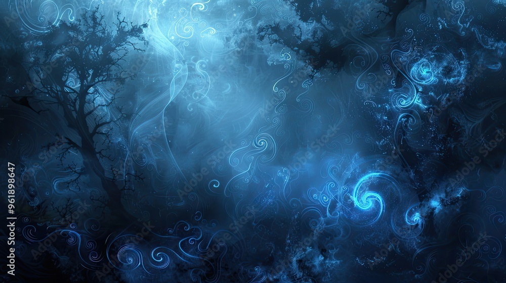 Deep blue gothic wallpaper with mist and faint glowing symbols Stock ...