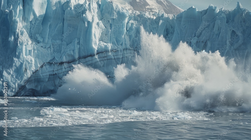 An enormous glacier collapsing into the ocean, capturing the dramatic splash and spray of water ...