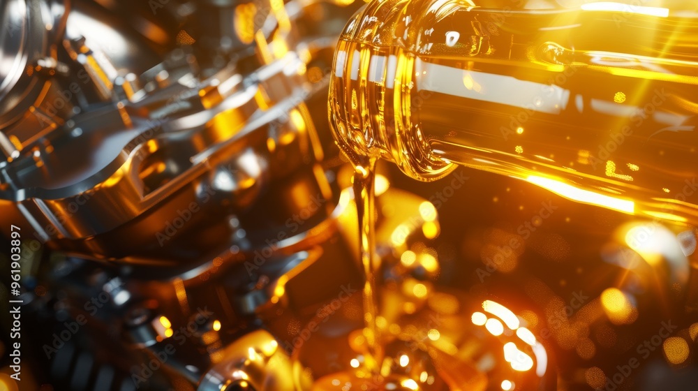 Oil being poured into an engine, glistening in the ambient light ...