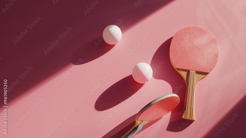 Two ping pong paddles and balls cast dramatic shadows on a vibrant pink ...