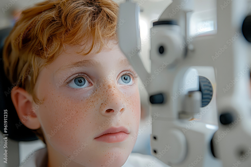 In a modern ophthalmological clinic, a small patient boy undergoes ...