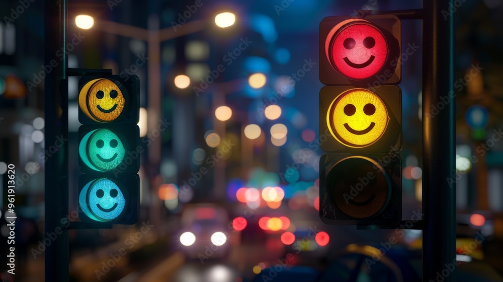 Traffic lights with smiley faces smile down cheerfully, juxtaposed ...