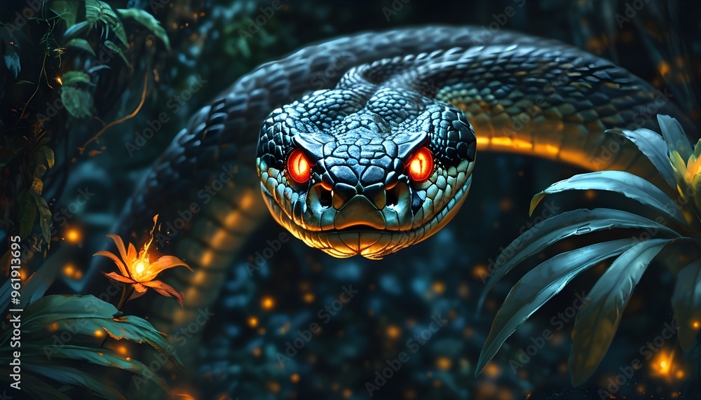 Menacing snake with glowing red eyes lunging through dark jungle filled ...