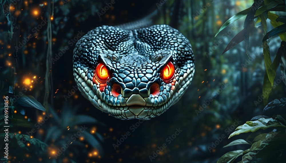 Menacing snake with glowing red eyes lunging through dark jungle filled ...