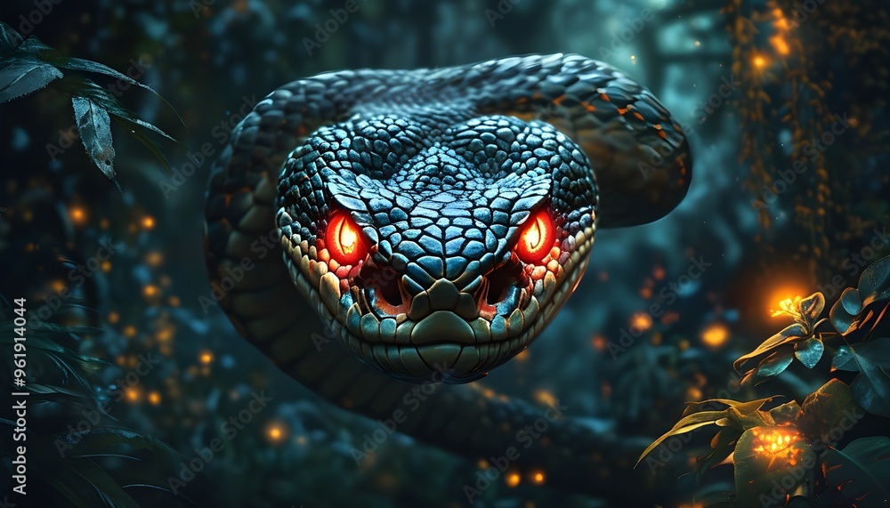 Menacing snake with glowing red eyes lunging through dark jungle filled ...