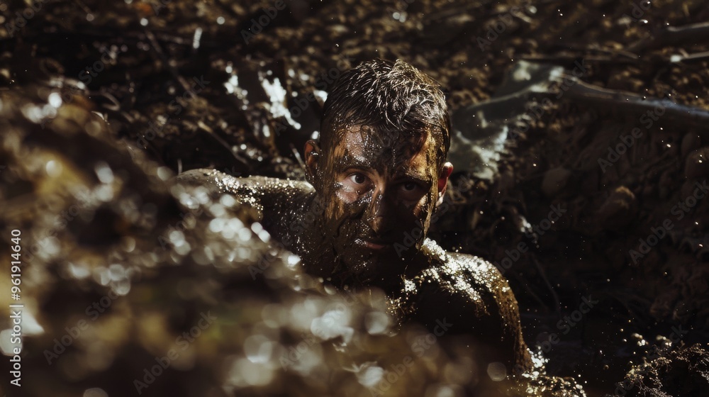 A man covered in mud emerges from a muddy obstacle course, highlighting ...