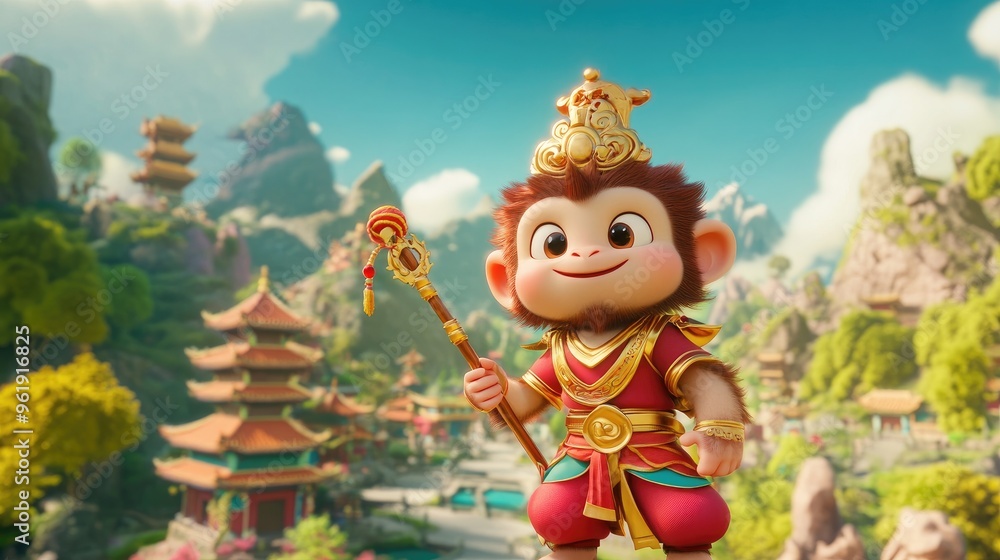 Adorable 3D Wukong, the Monkey King, smiling playfully while holding ...