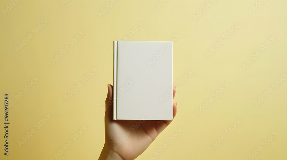 Female hand holding a white book against pale yellow background ...